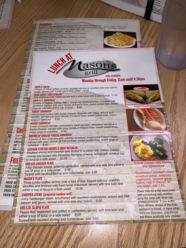 Menu at Mason's Grill restaurant, Baton Rouge