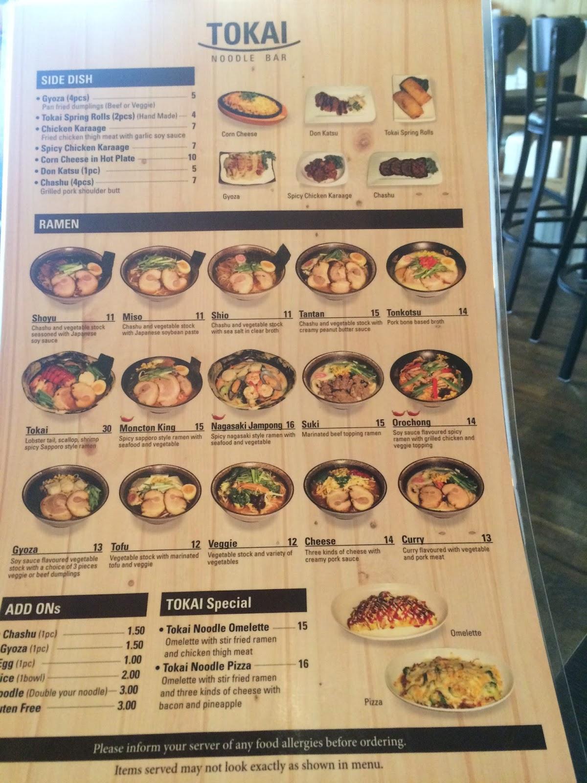Menu at Tokai Ramen restaurant, Moncton