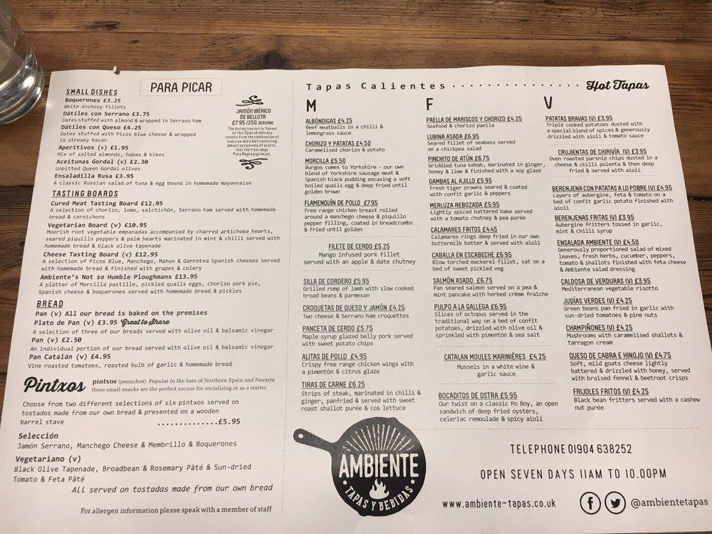 Menu at Ambiente Tapas Fossgate pub & bar, York