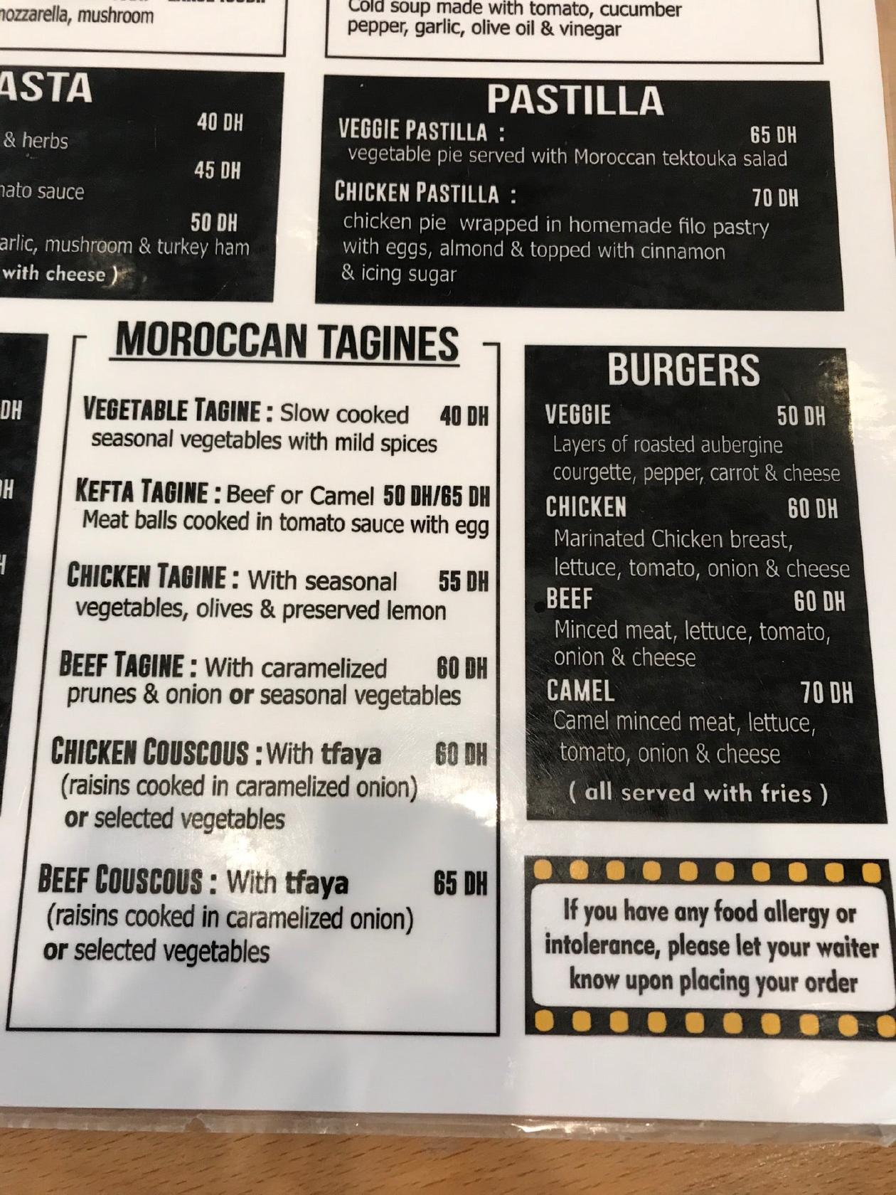 Menu at Cinema Cafe, Fes