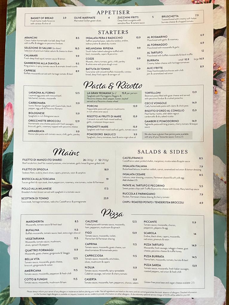 Menu at Figo Leyton restaurant, London