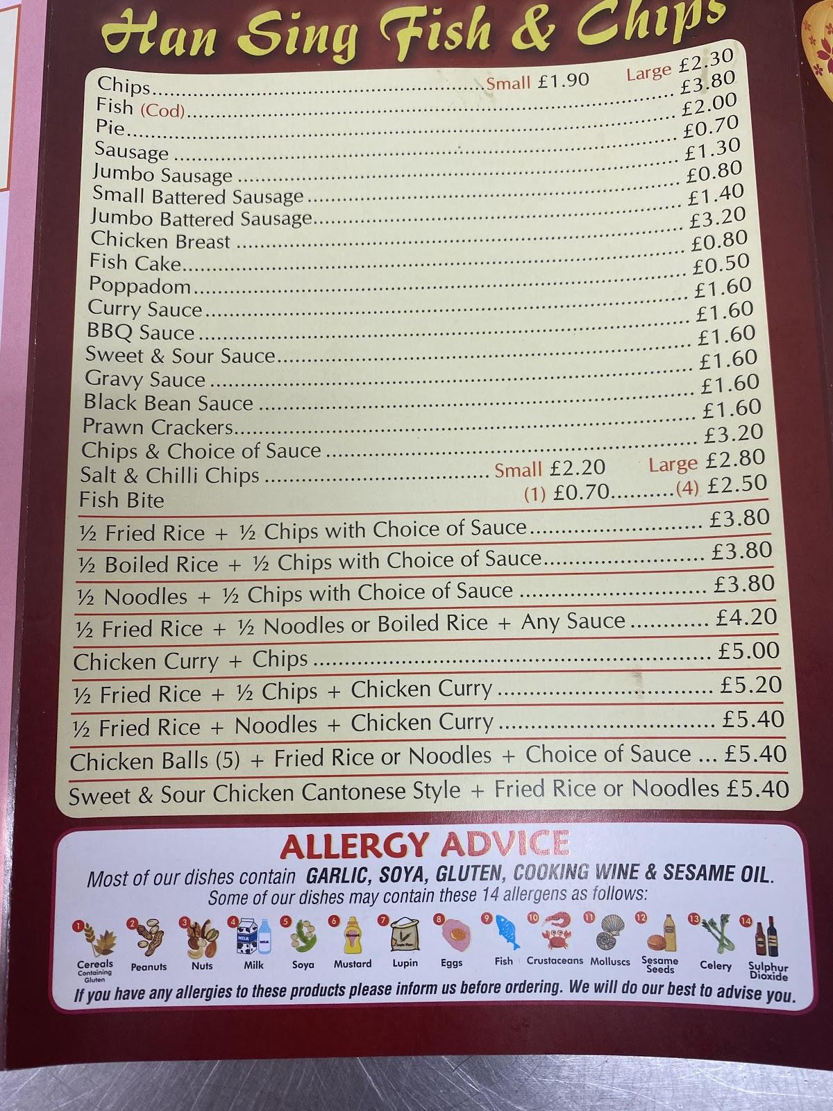 Menu at Han Sing restaurant, Cardiff