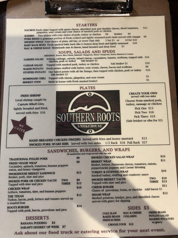 Menu at Southern Roots Smokehouse BBQ, Charleston, Savannah Hwy
