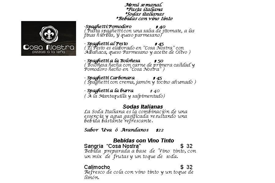 Menu at "Cosa Nostra" a la leña Pizzas pizzeria, Tlaquepaque
