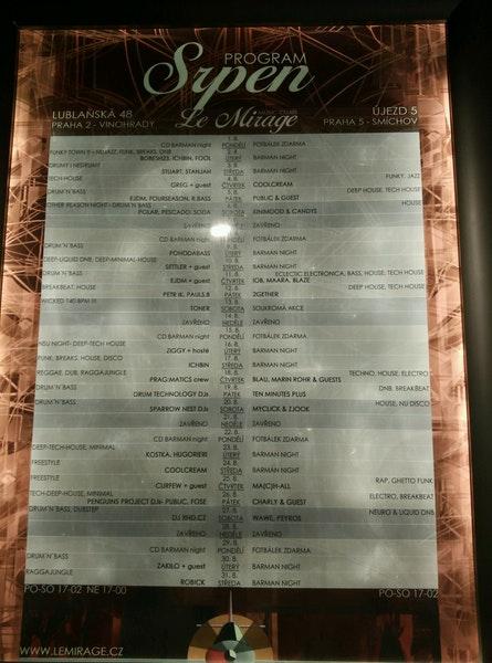 Menu at Le Mirage club, Prague, Lublanska 647/48