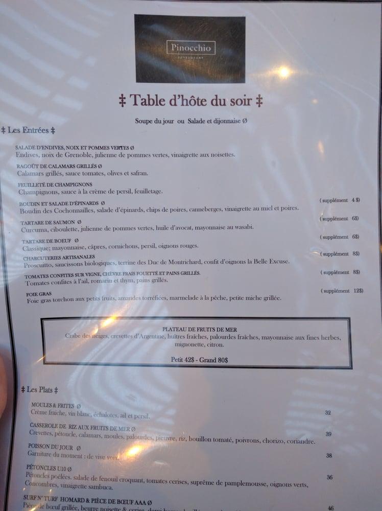 Menu at Pinocchio restaurant, Magog