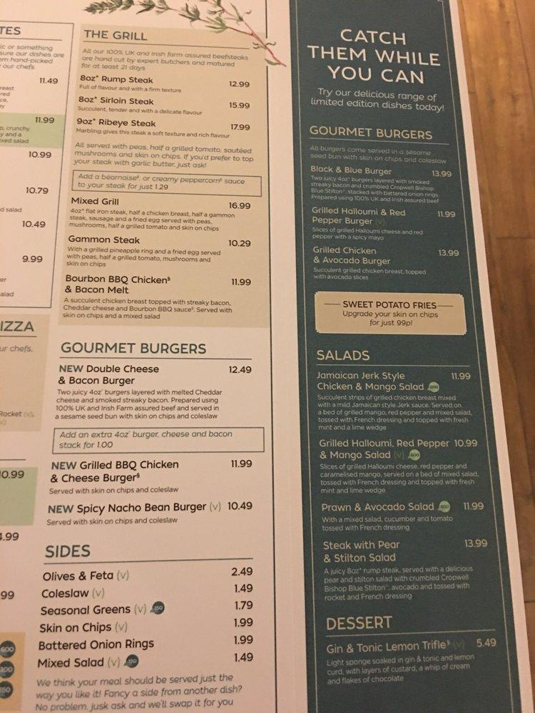 Menu at Premier Inn restaurant, London