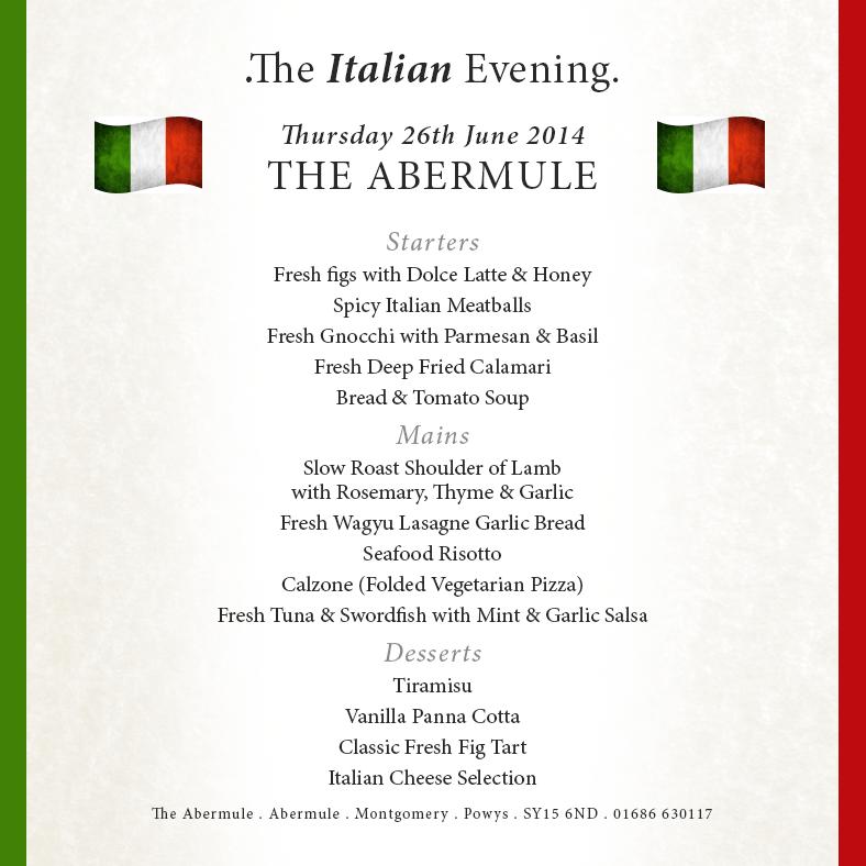 Menu at The Abermule Inn restaurant, Abermule