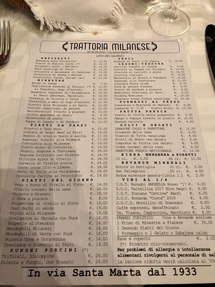 Menu at Trattoria Milanese cafe, Milan, Via Santa Marta