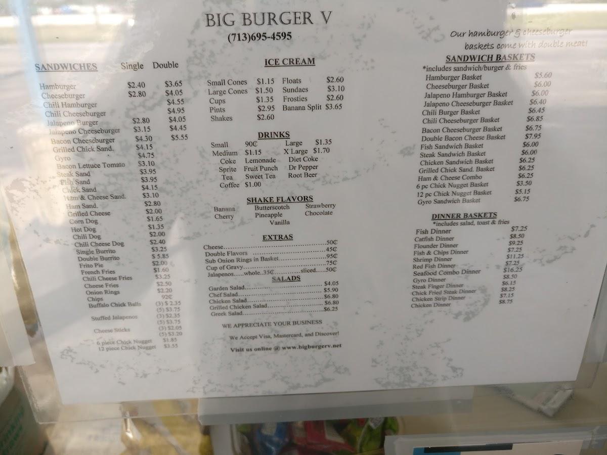 Menu at Big Burger V restaurant, Houston, 11207 W Hardy Rd