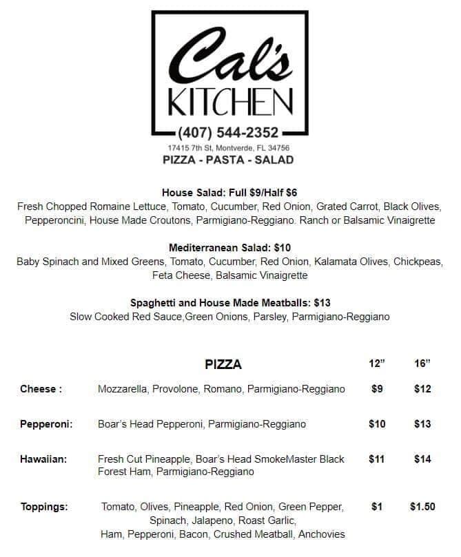 Menu at Cal's Kitchen pizzeria, Montverde