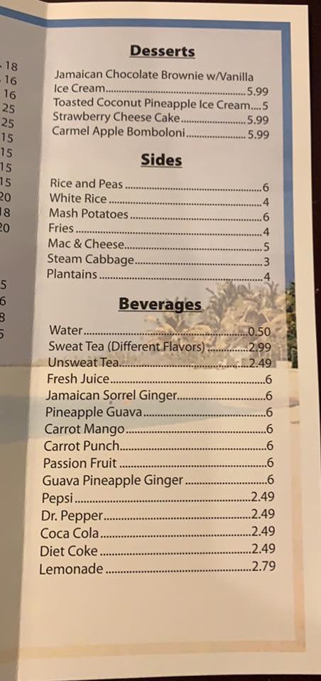 Menu at Coombs Caribbean cuisine restaurant, Madisonville