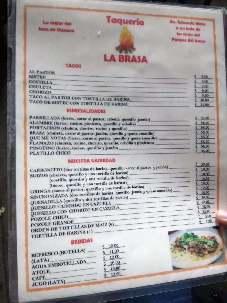 Menu at La Brasa, Oaxaca