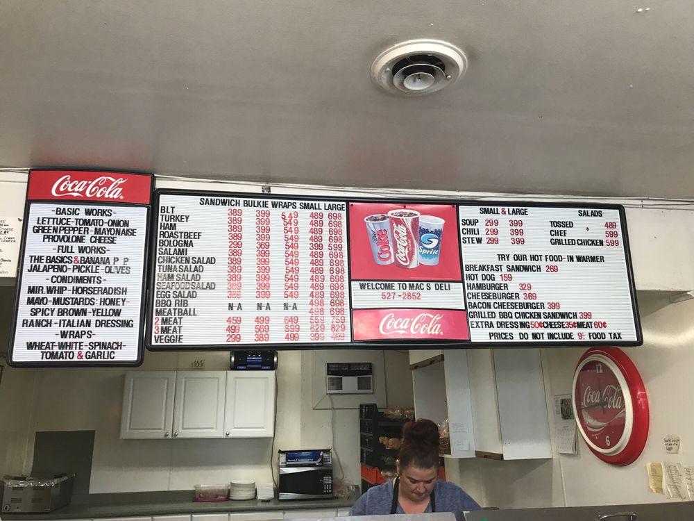 Menu at Mac's Quick Stop, Saint Albans City