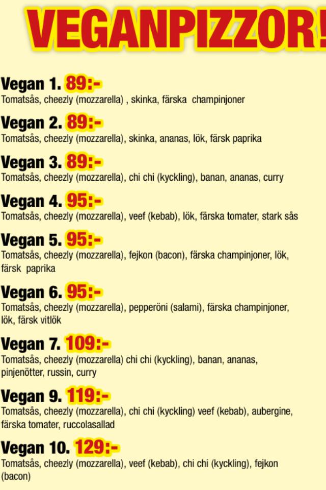 Menu at Pizzeria Midsommar, Stockholm