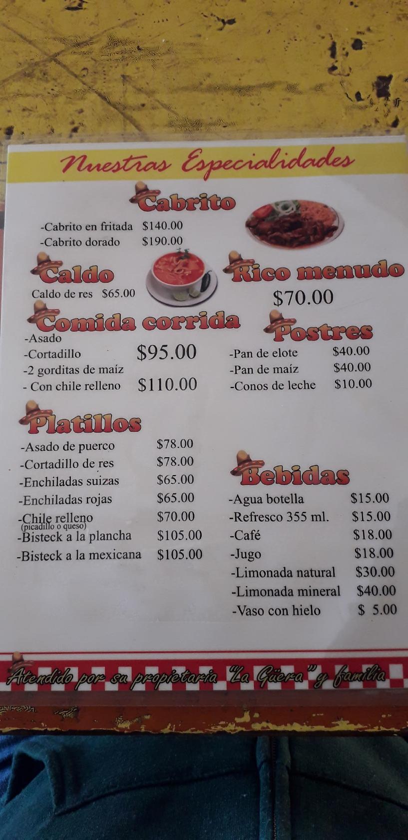Menu at Restaurante La Güera, Ocho de Enero