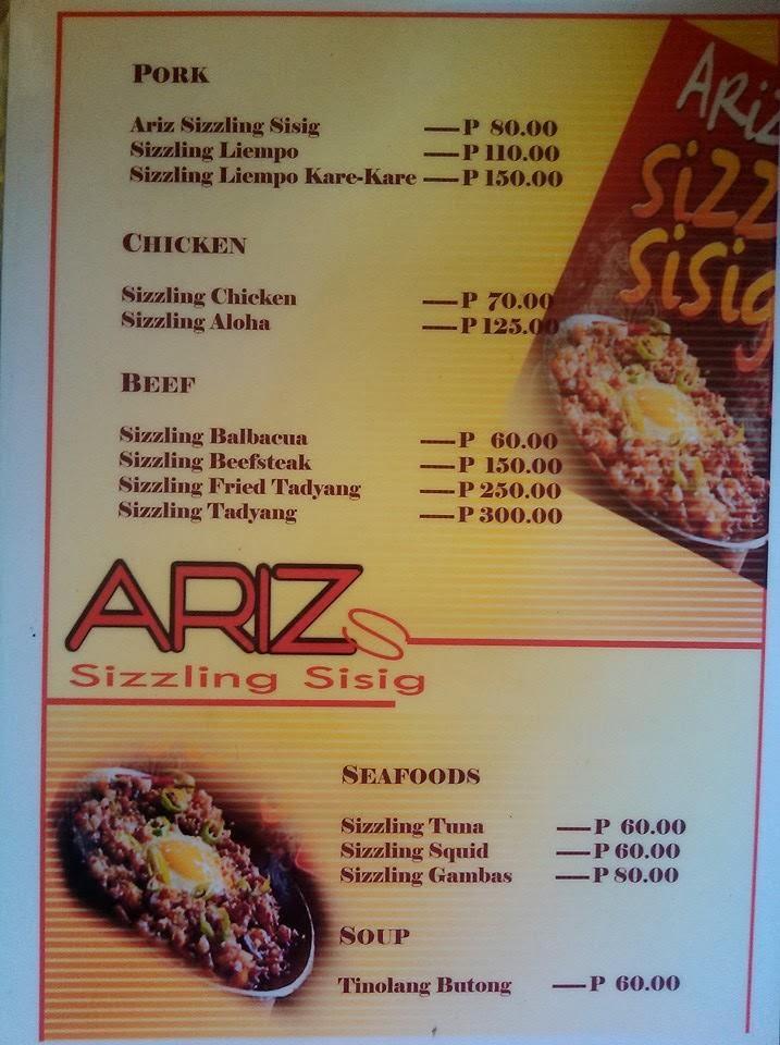 Menu at Ariz Sizzling Sisig restaurant, Cabadbaran City