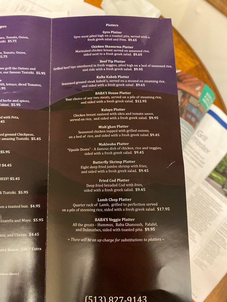 Menu at Babas Shawarma Grill restaurant, Cincinnati