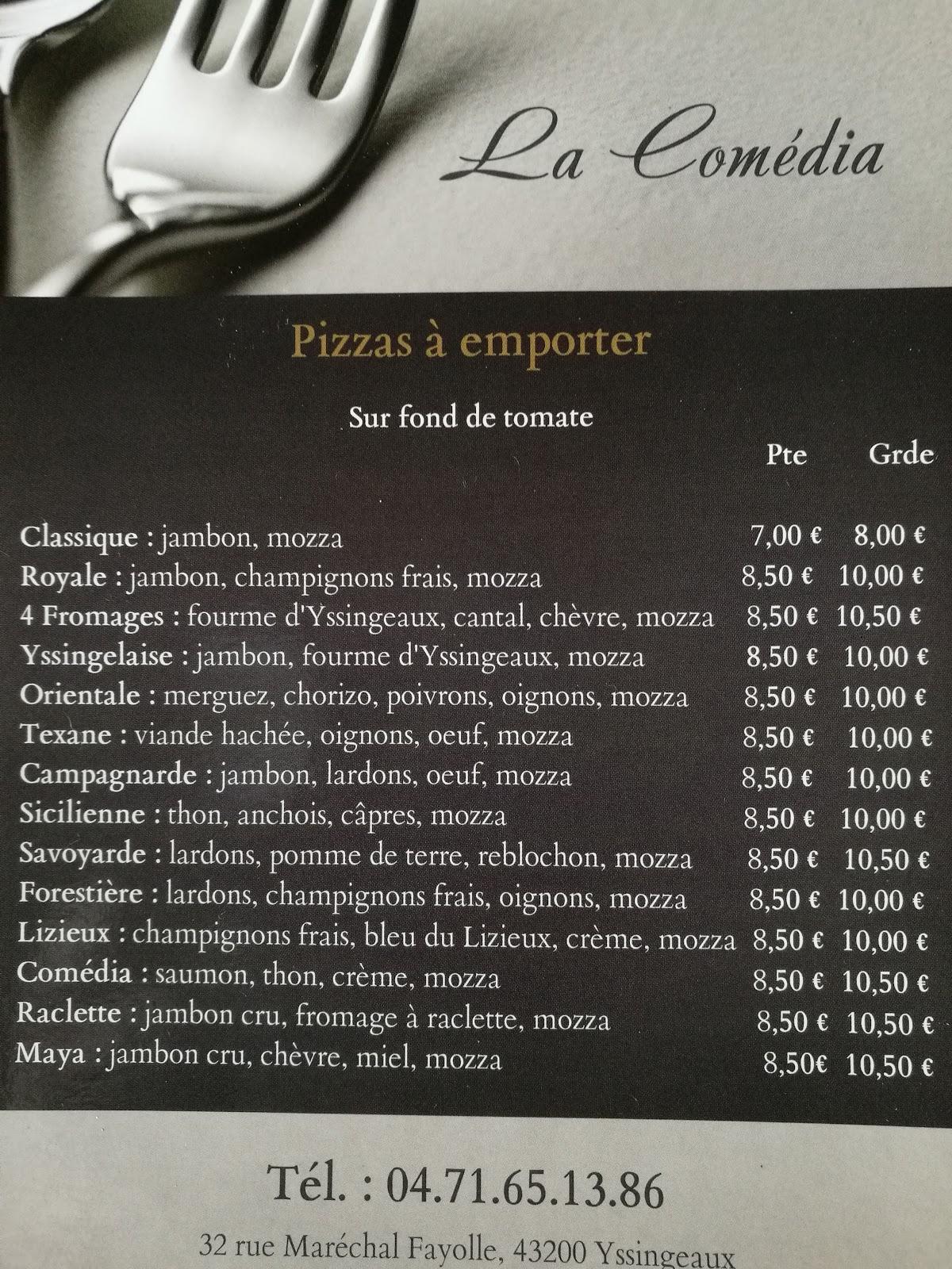 Menu at La Comedia restaurant, Yssingeaux