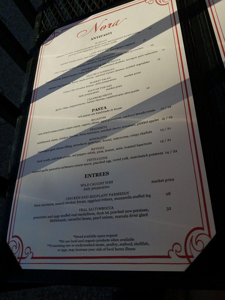 Menu at Nora pub & bar, Cleveland