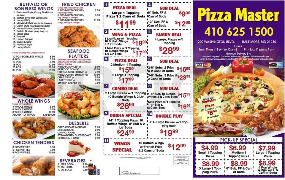 Menu at Pizza Master pizzeria, Baltimore