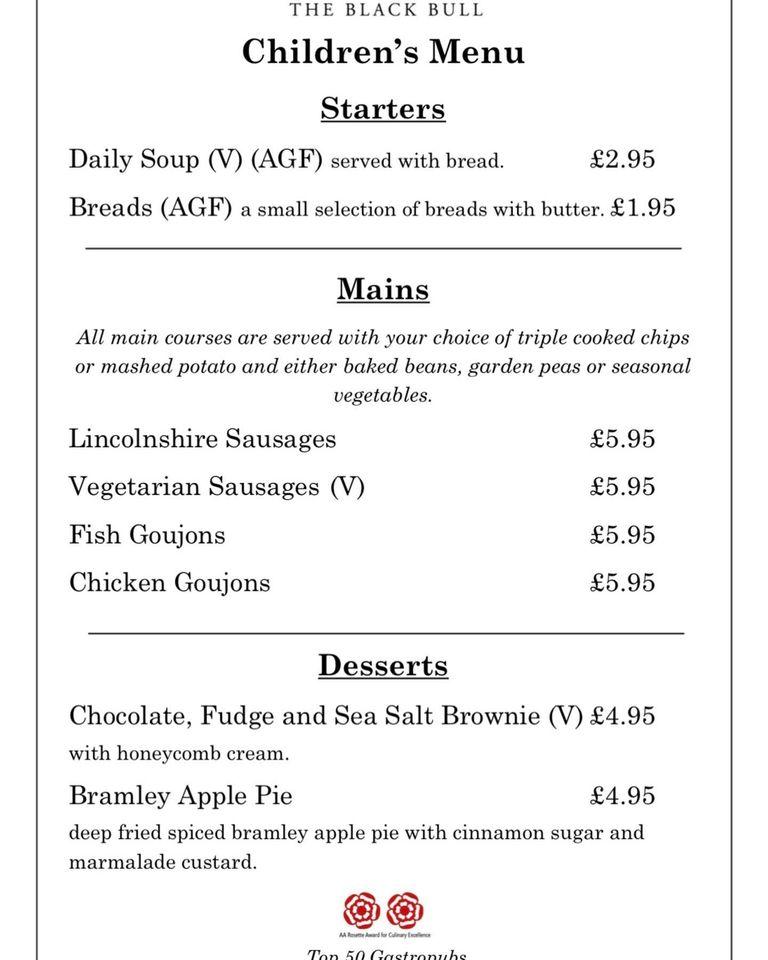 Menu at The Black Bull pub & bar, Mansfield, Main St