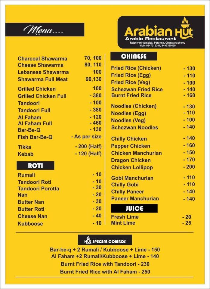 Menu at Arabian Hut, Changanassery