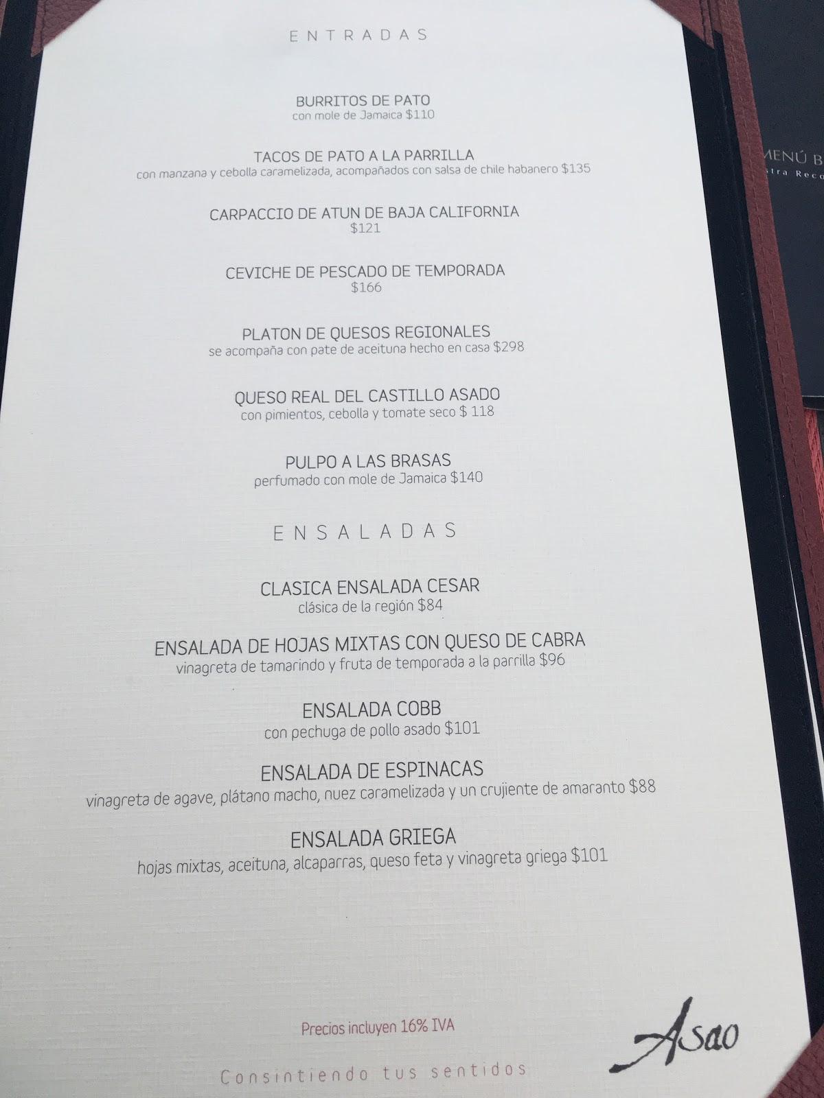 Menu at Asao - Yiima steakhouse, Tecate