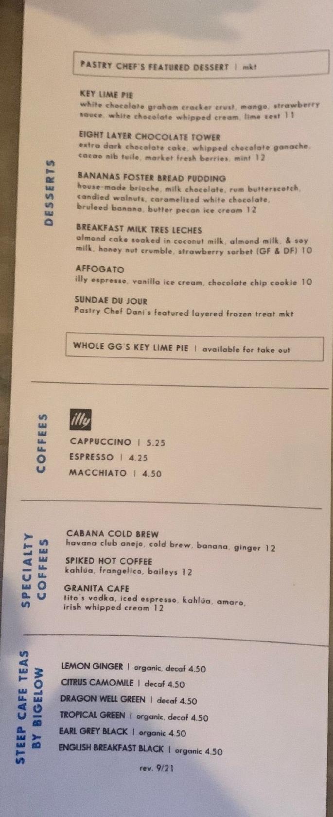 Menu at GG's Waterfront steakhouse, Hollywood