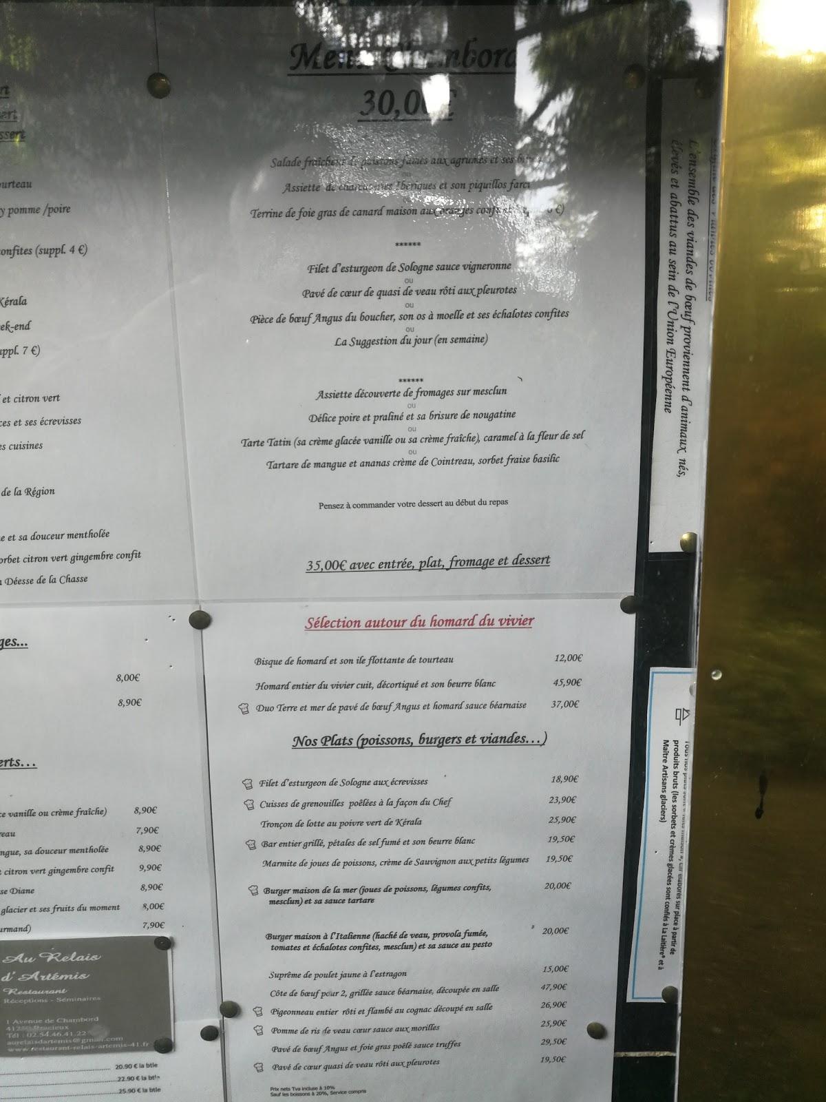 Menu au Au relais d'Artémis restaurant, Bracieux, 1 Av. de Chambord