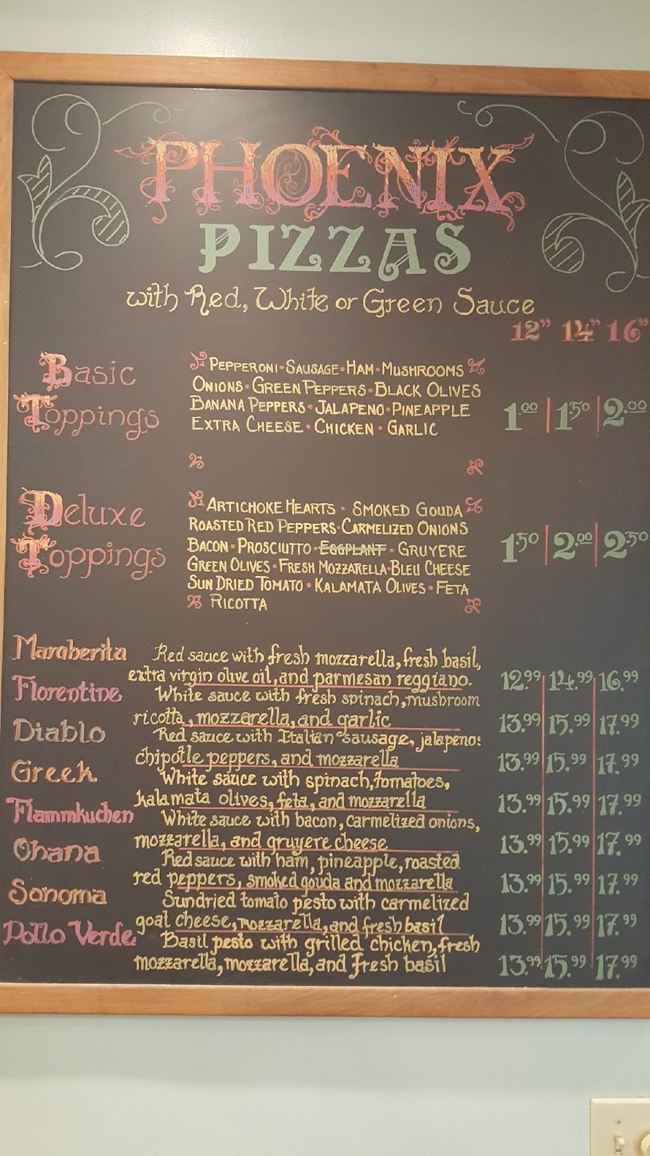 Menu at Phoenix Bakery, Morgantown