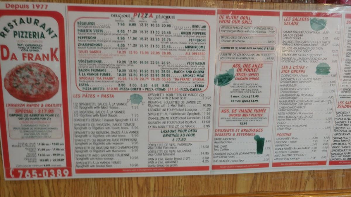 Menu au Restaurant Da Frank, Montréal