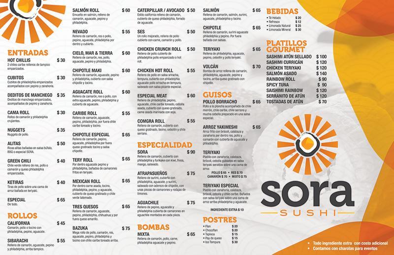 Menu at Sushi Sora restaurant, Ciudad Obregón