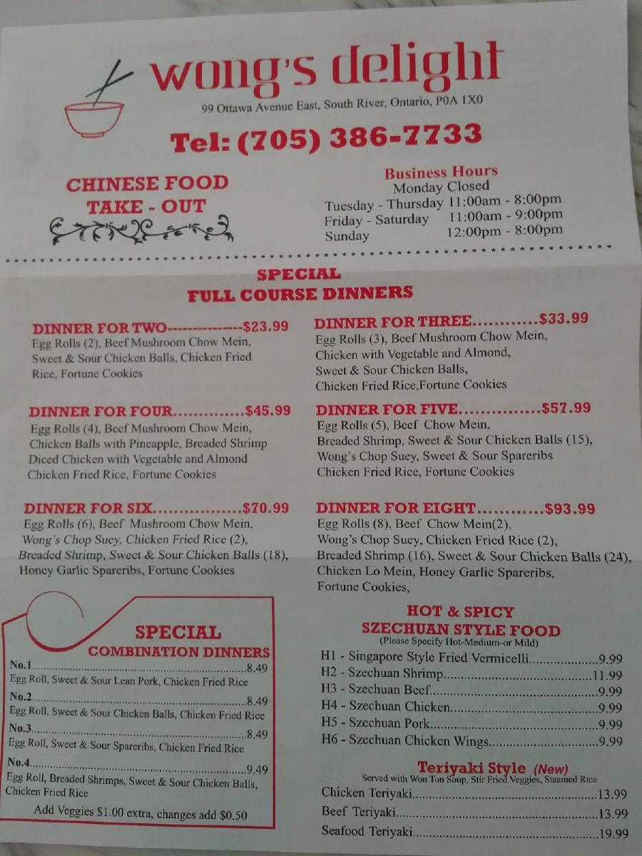 Menu at Wong's Delight Restaurant, South River