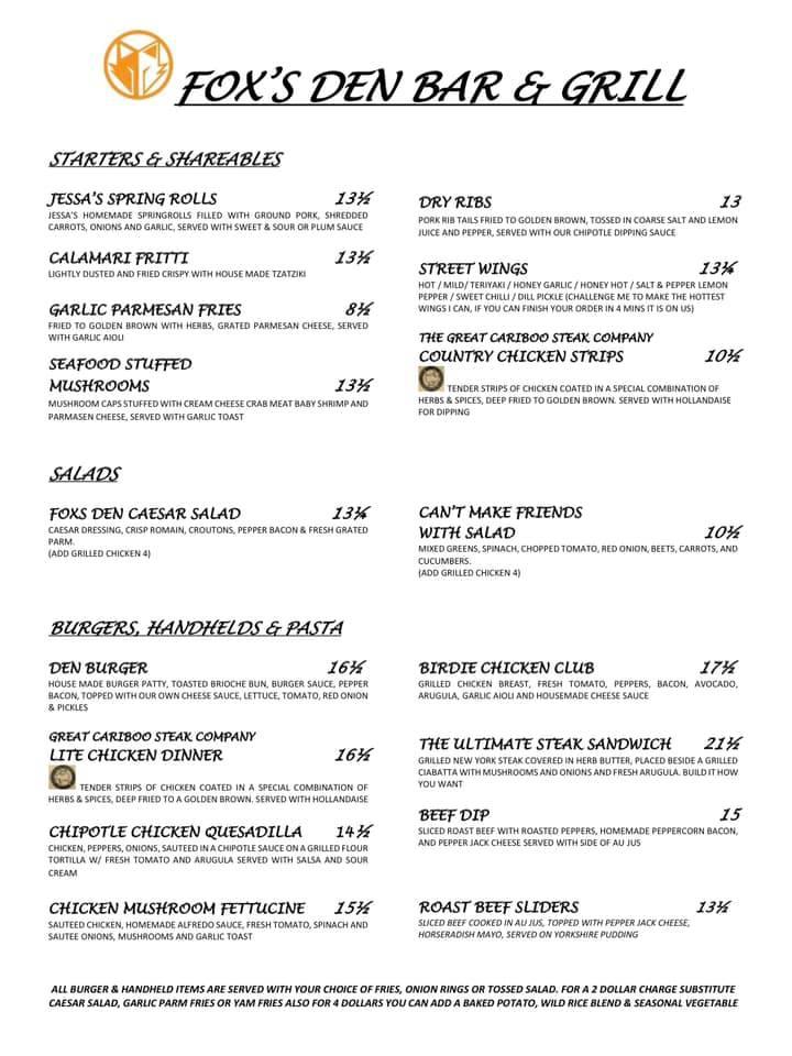 Menu at Fox's Den Bar & Grill, Williams Lake