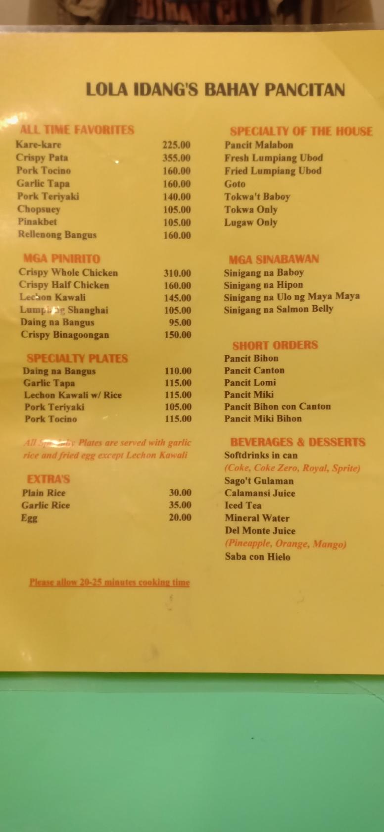 Carta del restaurante Lola Idang's Bahay Pancitan, Parañaque, 919 ...