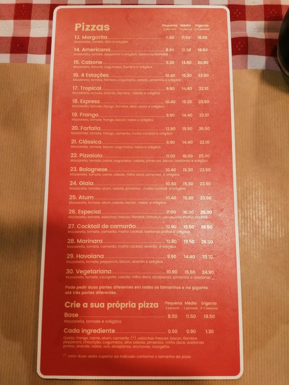 Menu at Pizza Moments ll restaurant, Caniço