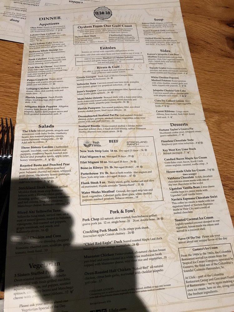 Menu at Ulele restaurant, Tampa, N Highland Ave