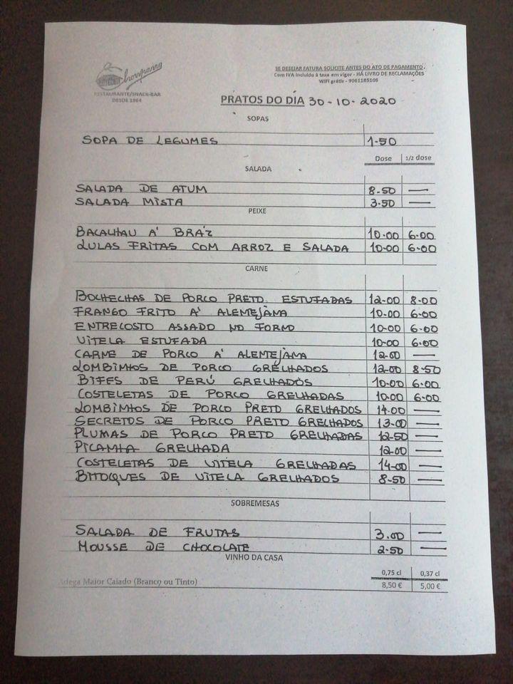 Carta del restaurante A Choupana, Evora, R. dos Mercadores 20