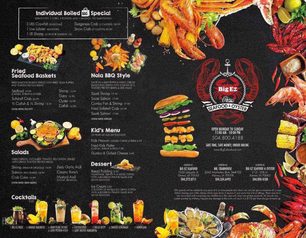 Menu at Big EZ Seafood and Oyster restaurant, Kenner, 25th St