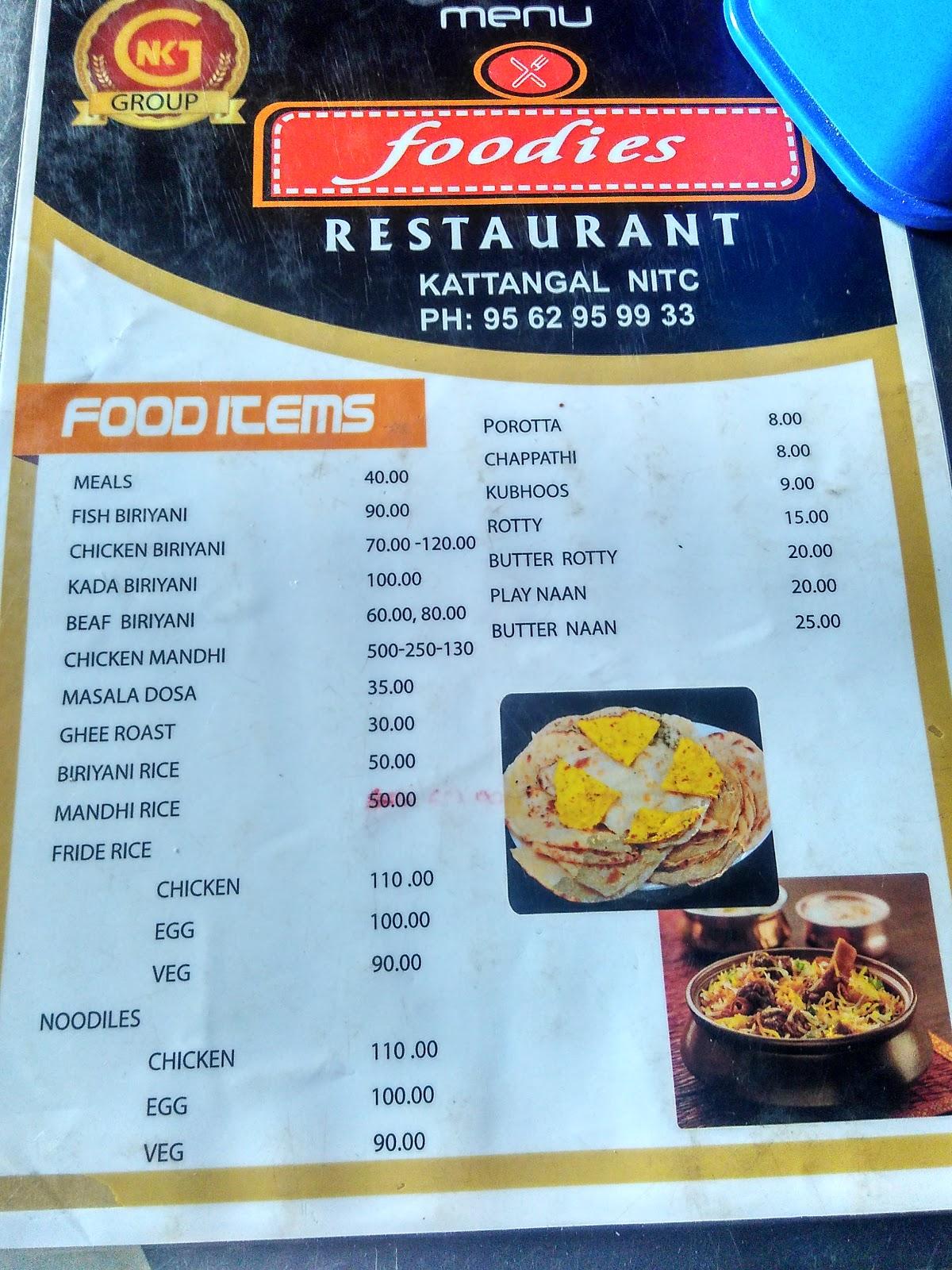Menu at FOODIES RESTAURANT, Kattangal