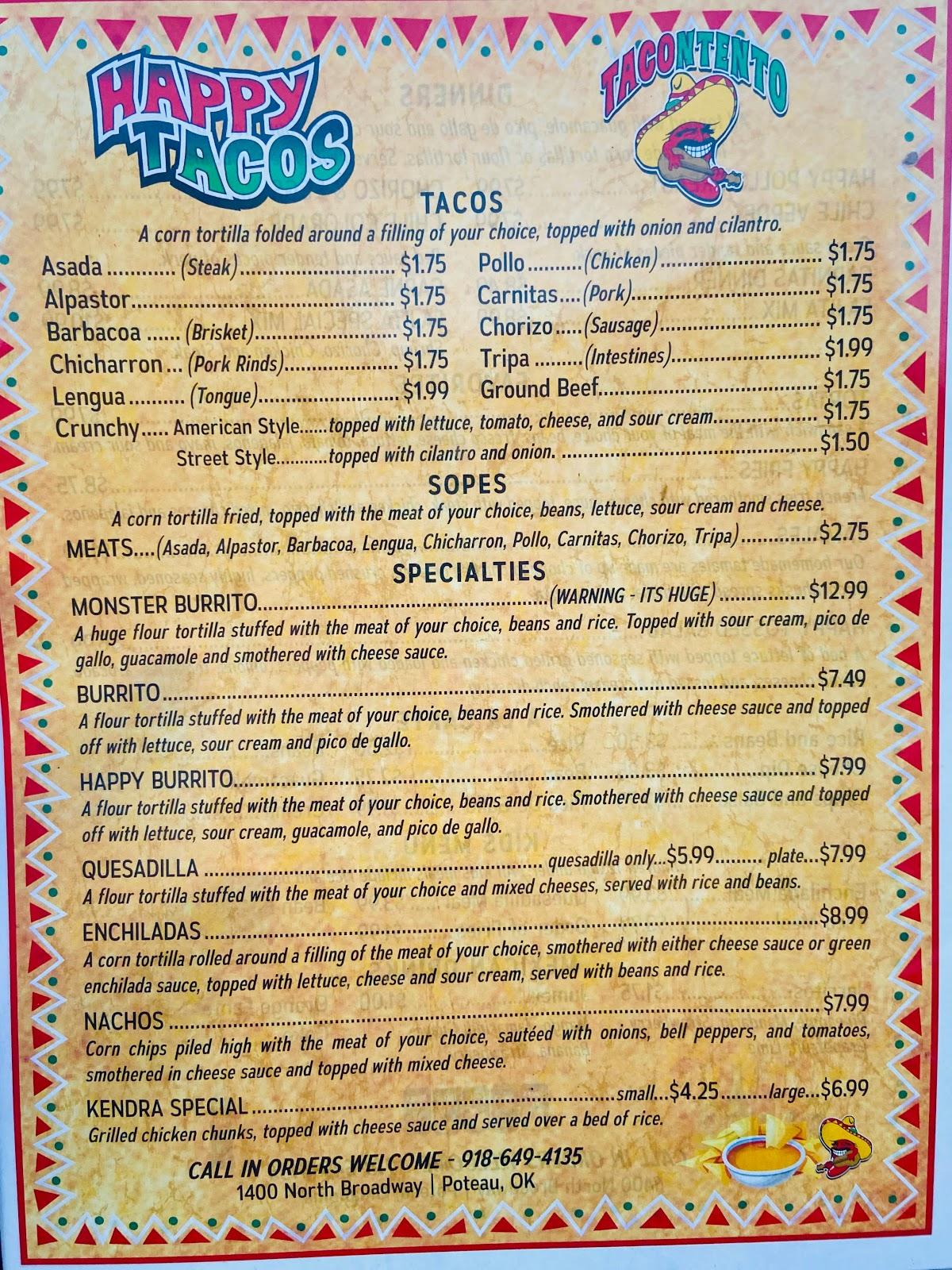 Menu at Happy Tacos restaurant, Poteau