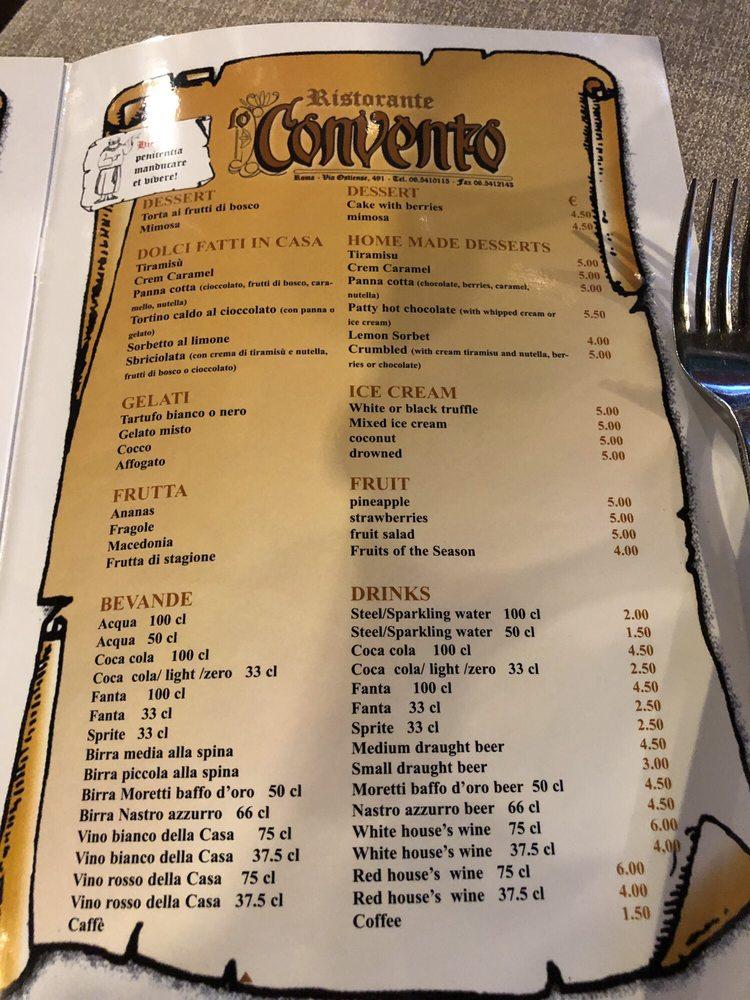 Menu at Lo Convento restaurant, Rome