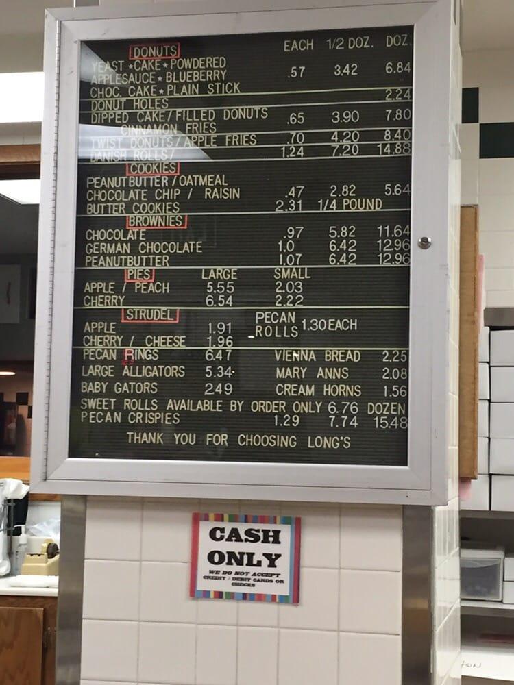Menu at Long's Bakery, Indianapolis, N Tremont St