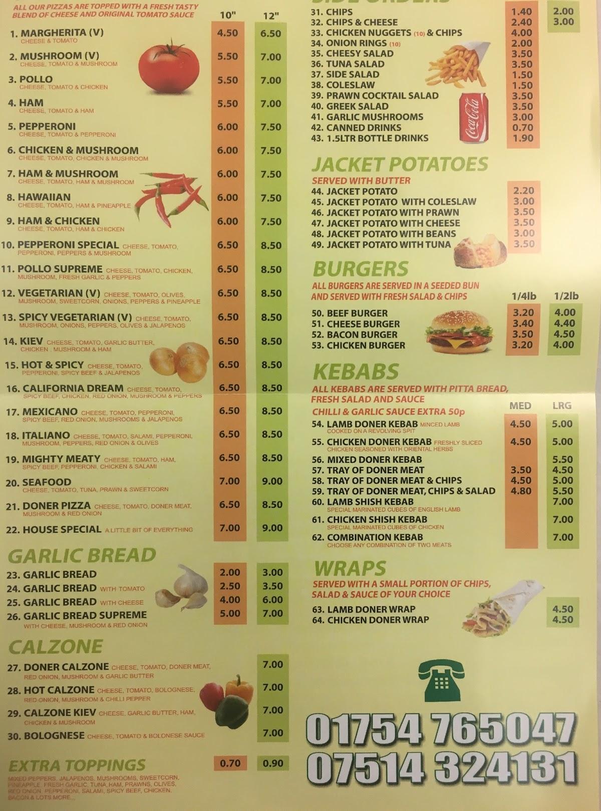 Menu at Milano's Pizza & Kebab fast food, Skegness