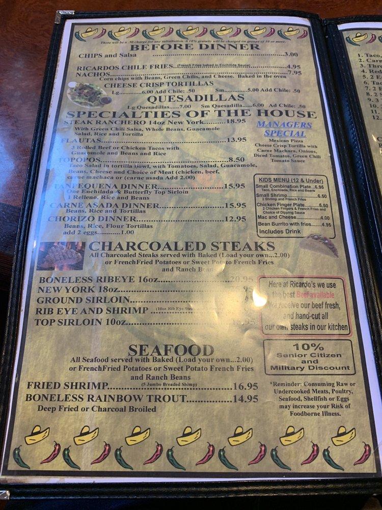 Menu at Ricardo's Restaurant, Sierra Vista Southeast