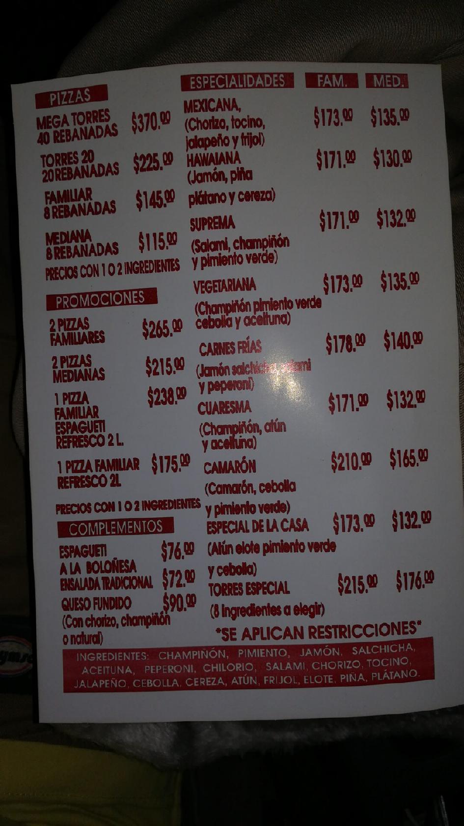 Menu at Torres Pizza restaurant, Mazatlán, Av. Real del Pacífico 7130