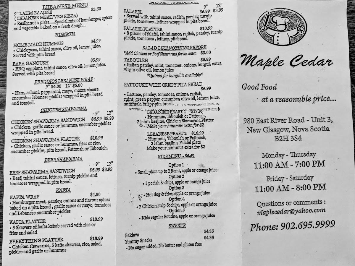 Menu at Maple Cedar Syrian Kitchen pizzeria, New Glasgow