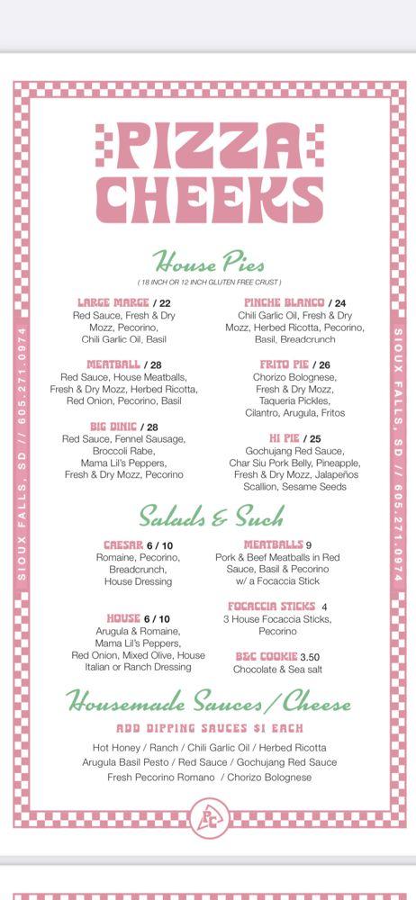 Menu at Pizza Cheeks pizzeria, Sioux Falls