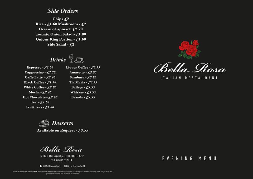 Menu at Bella Rosa Italian Restaurant, Hull